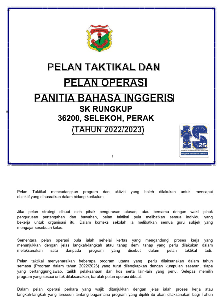 Pelan Operasi Panitia Bahasa Inggeris | PDF