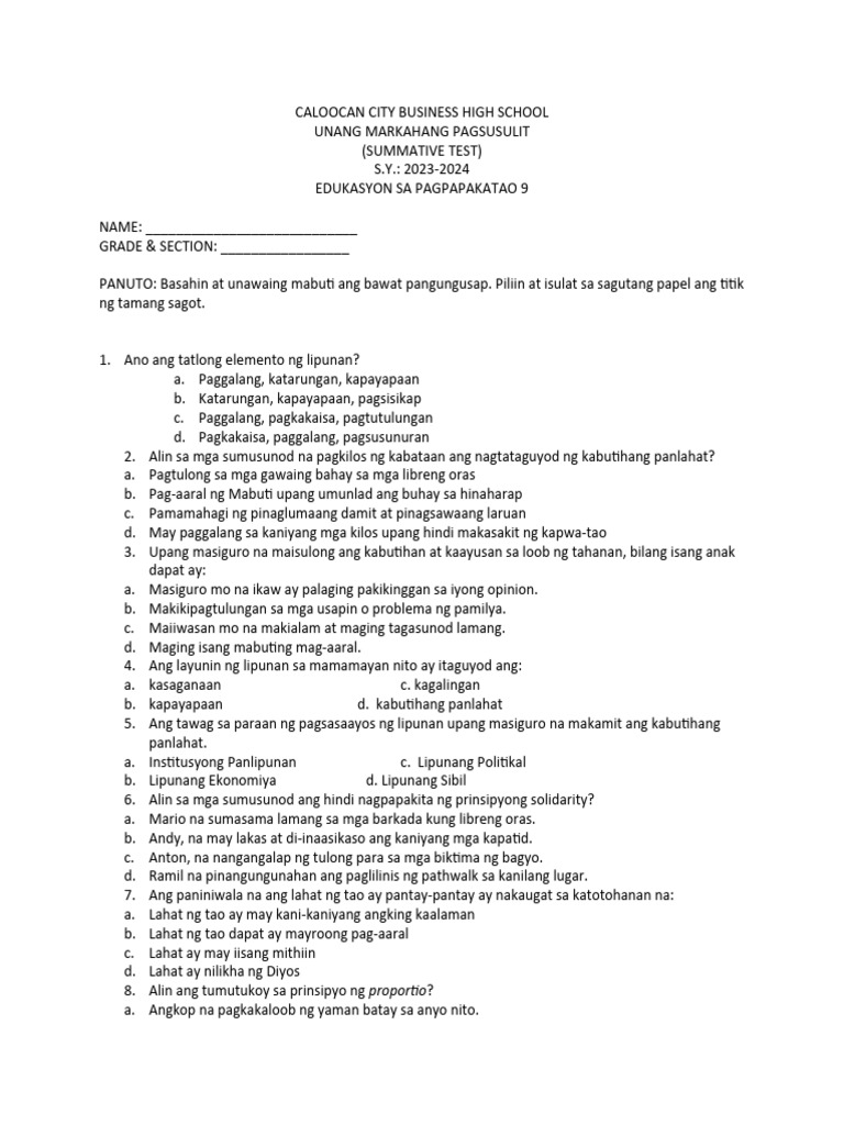 Summative ESP 9 | PDF