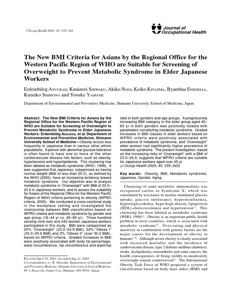 Journal of Occupational Health - 2003 - Anuurad - The New BMI Criteria ...