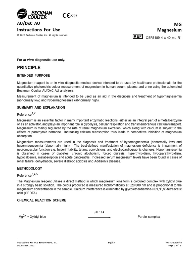 MG Instructions For Use Magnesium: Au/Dxc Au | PDF | Magnesium ...