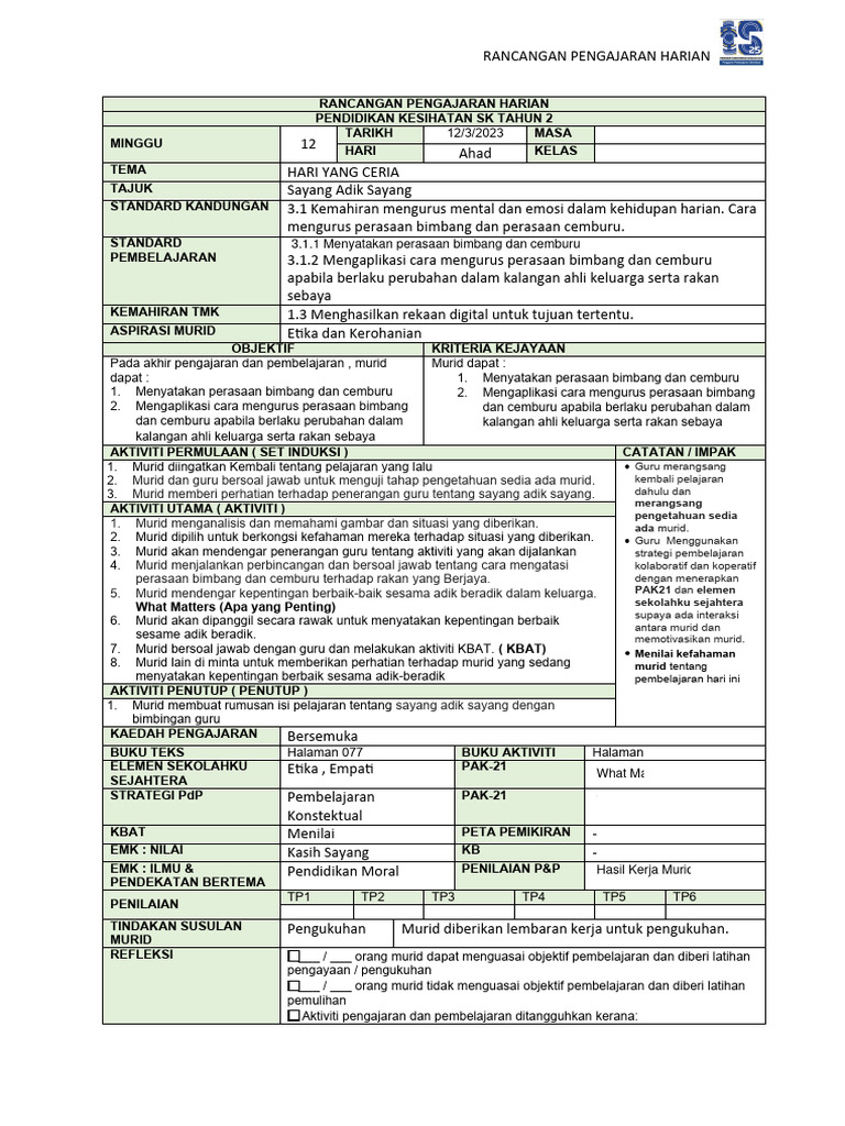 RPH Minggu 12 Pendidikan Kesihatan THN 2 2023 | PDF