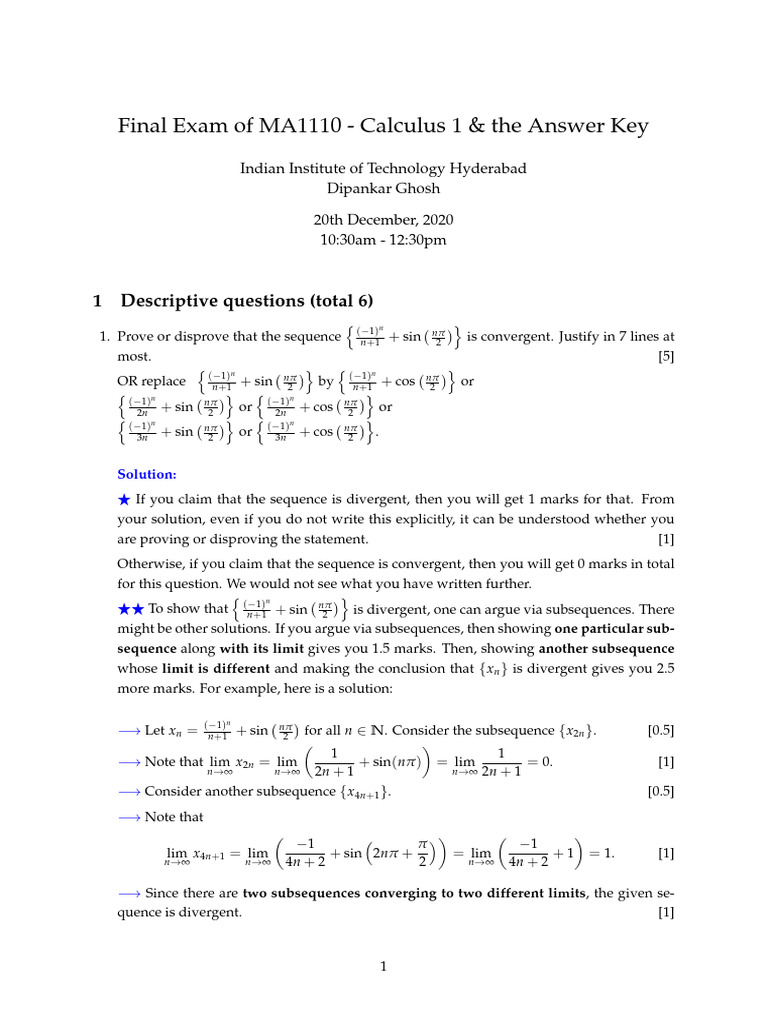 Calculus 1 Final Exam Solutions | PDF | Mathematics | Mathematical Analysis