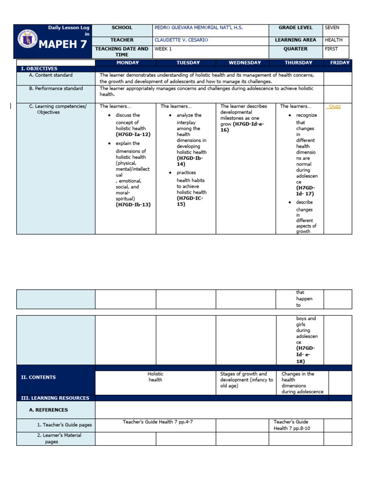 Q1 Grade 7 HEALTH DLL Week 1 | PDF