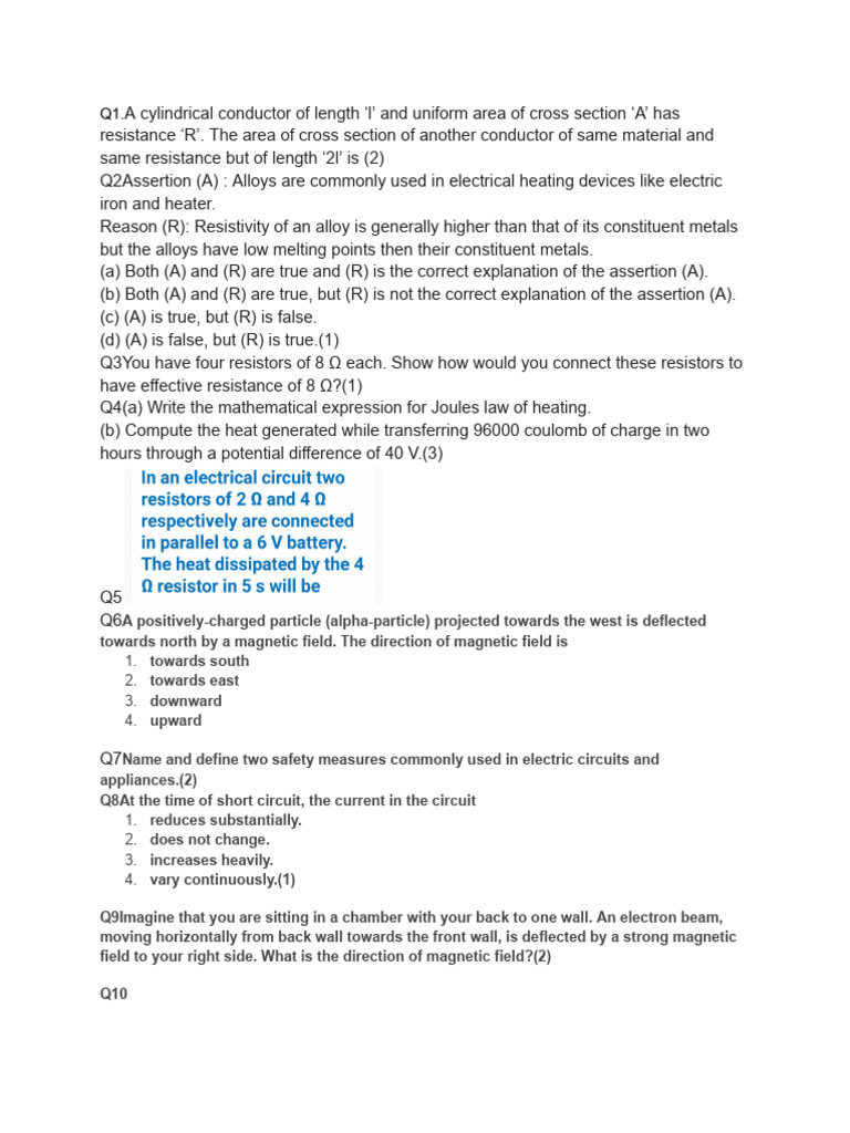 Class 10 Physics Imp Question | PDF | Electrical Resistance And Conductance | Electrical ...
