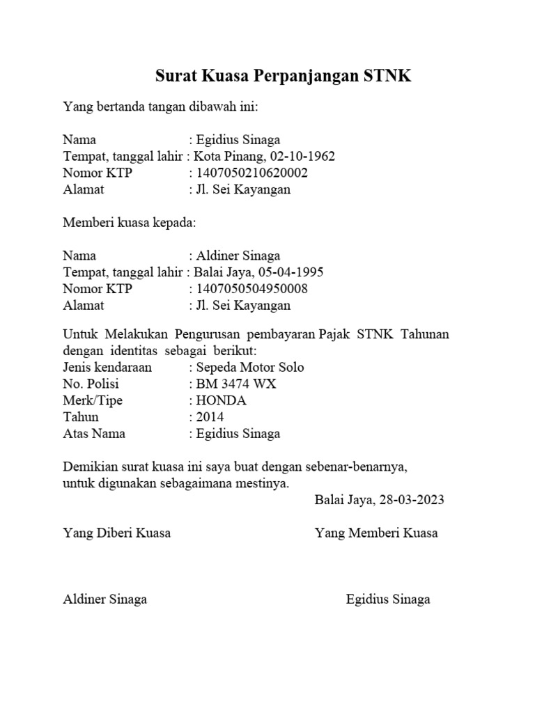 Surat Kuasa Perpanjangan STNK | PDF