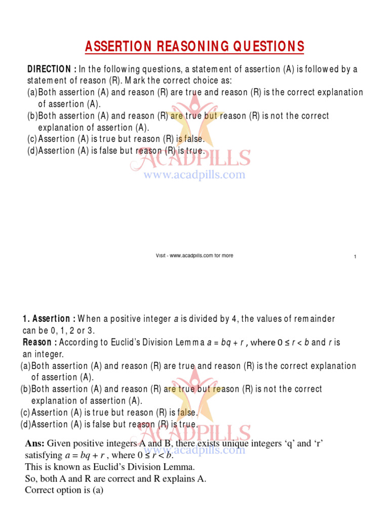 Assertion And Reasoning Questions 2 Pdf Mathematics Number Theory