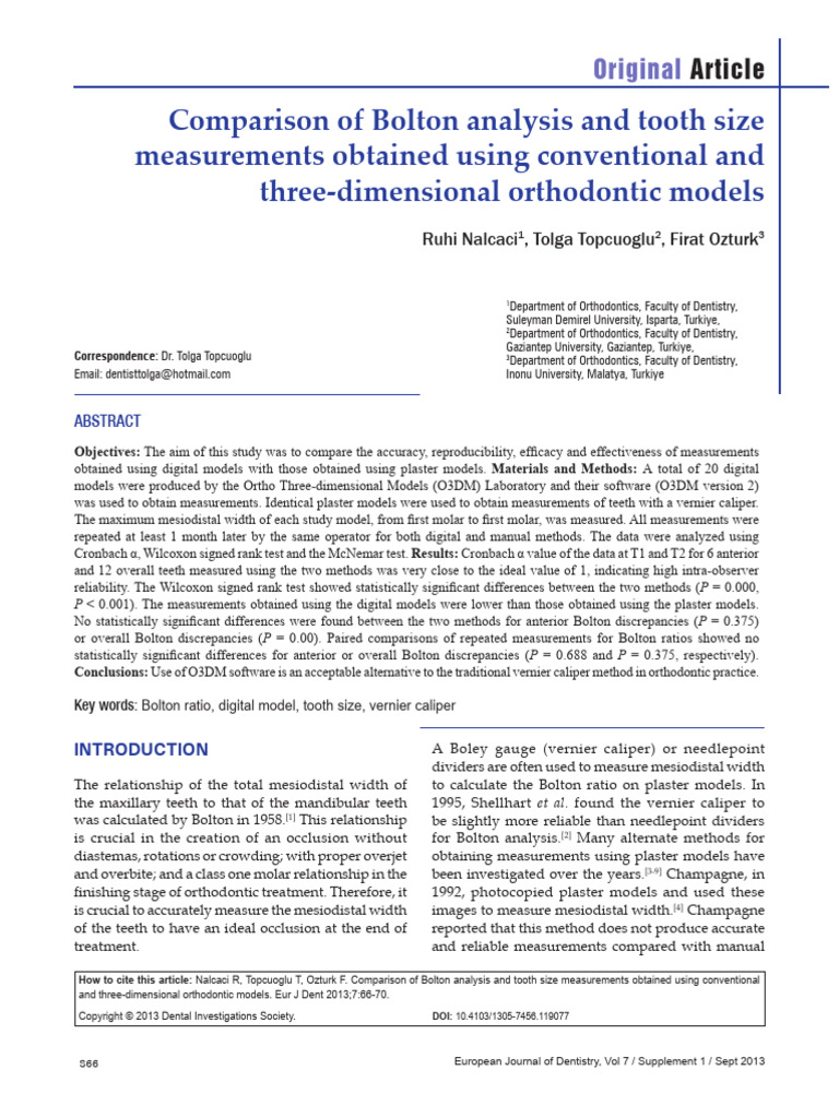 Comparison of Bolton Analysis and Tooth Size | PDF