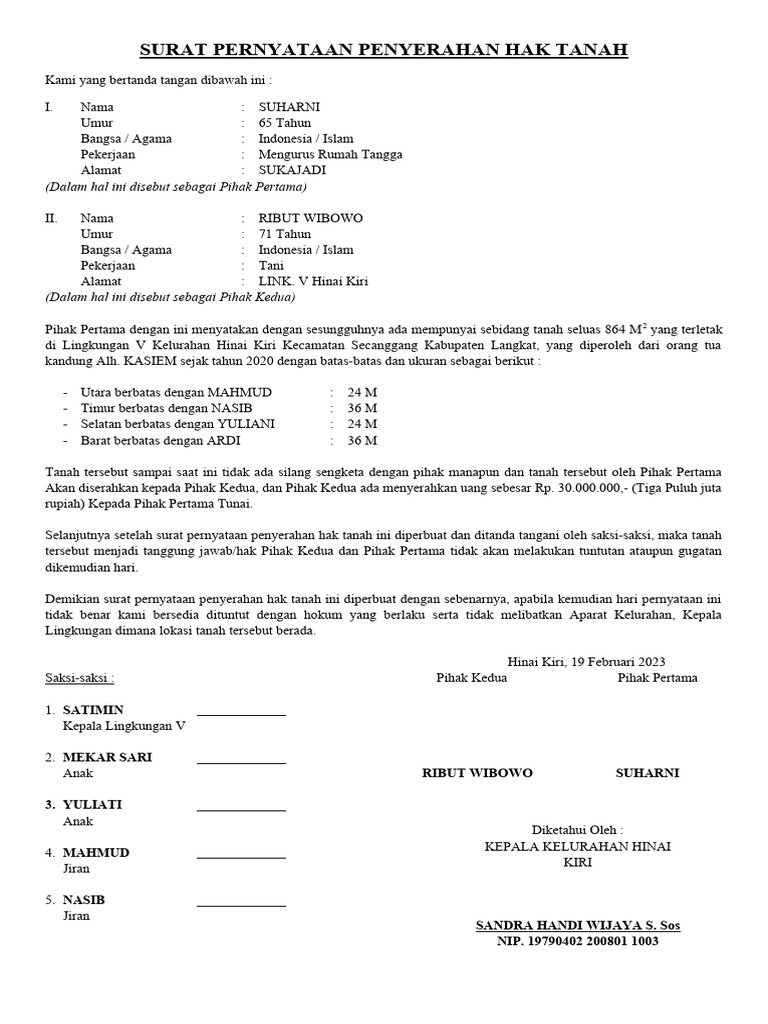 SURAT PERNYATAAN PENYERAHAN HAK TANAH | PDF