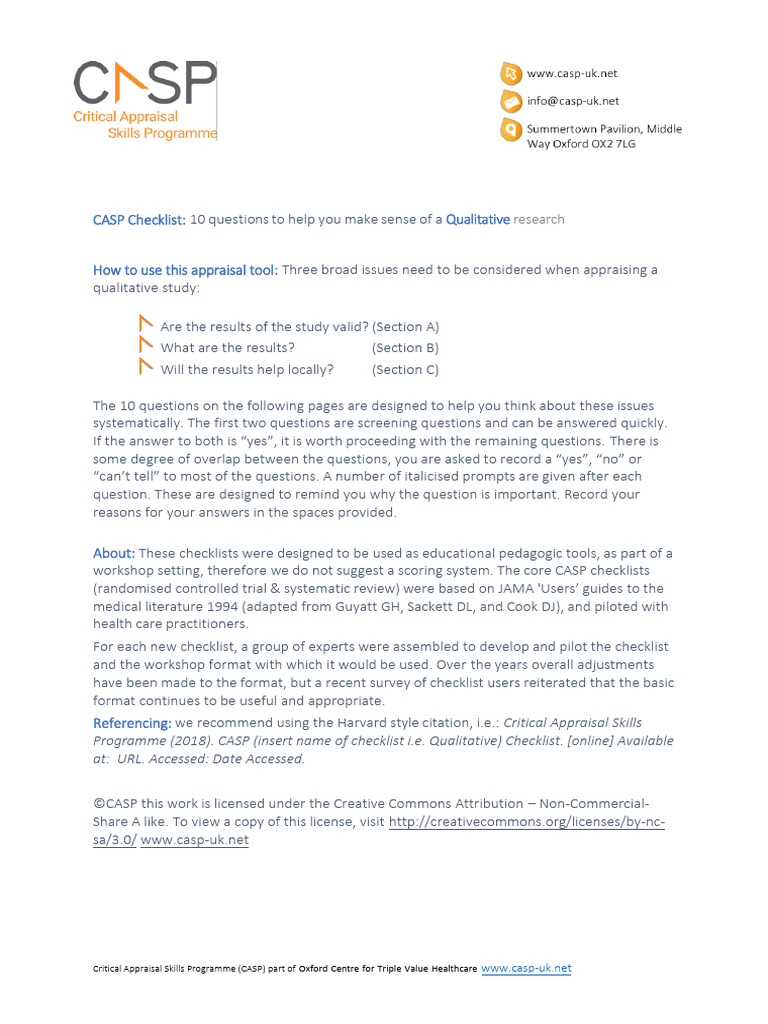 CASP Checklist: Qualitative How To Use This Appraisal Tool:: Research | PDF