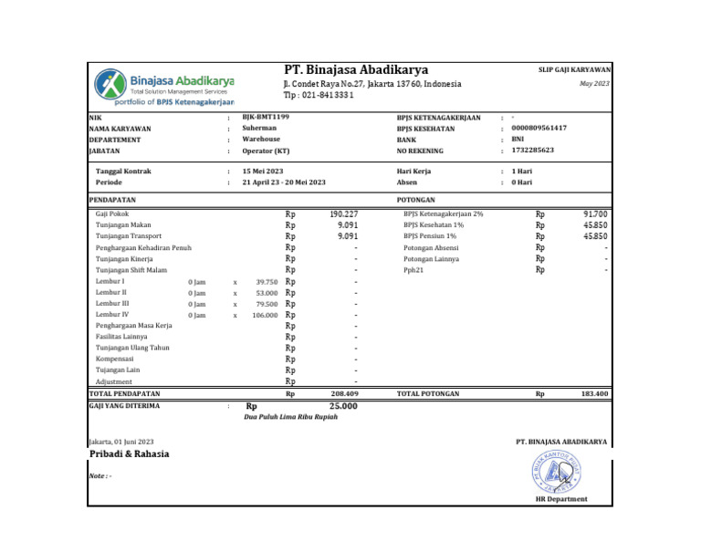 Slip Gaji - May 2023 - Suherman BJK-BMT1199 | PDF