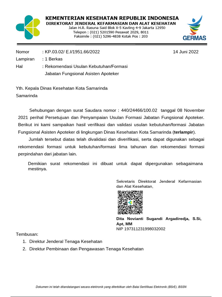 Rekom Asisten Apoteker Dinas Kesehatan Kota Samarinda | PDF