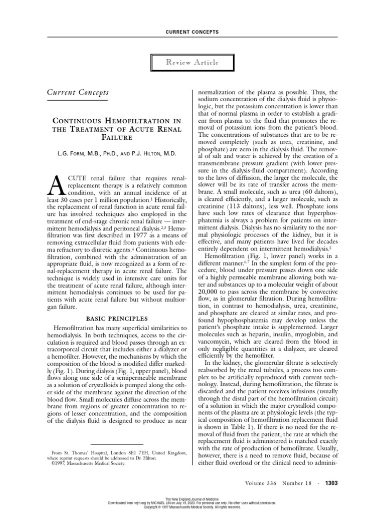 Continuous Hemofiltration in The Treatment of Acute Renal Failure | PDF ...