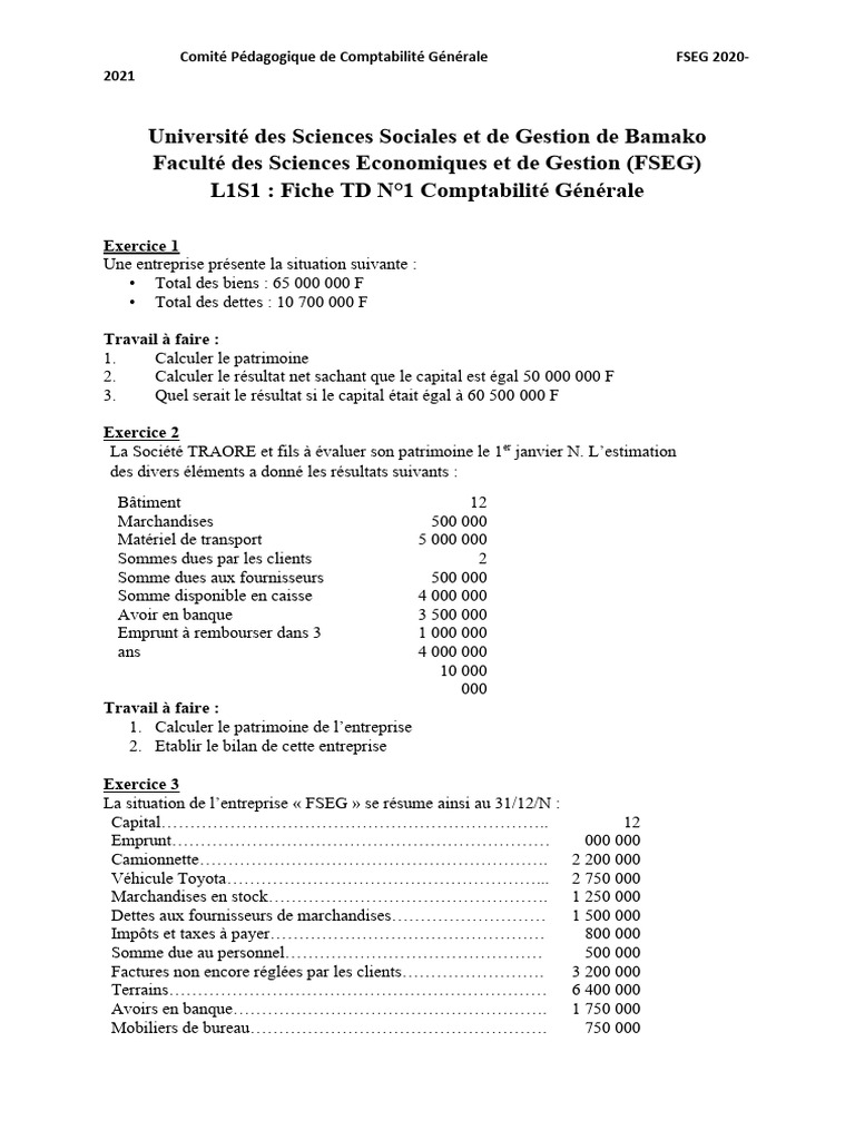 Fiche TD de Comptabilité Générale FSEG | PDF | Banques | Comptabilité ...