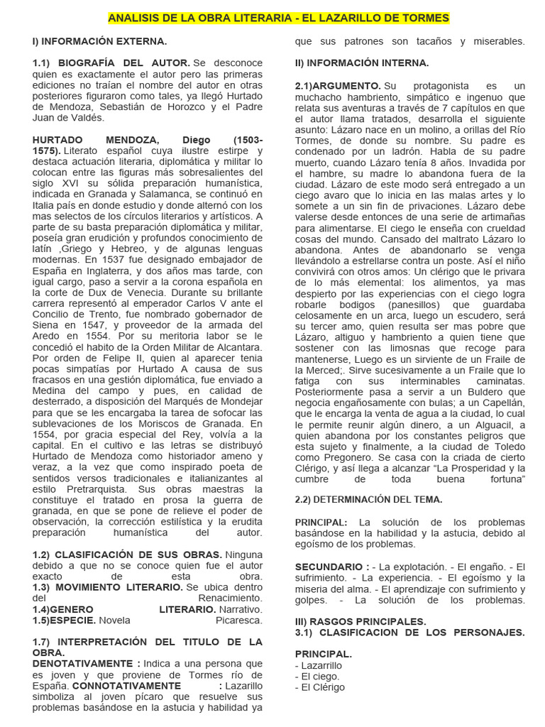 Analisis de La Obra Literaria Lazarillo de Tormes | PDF | Clásicos