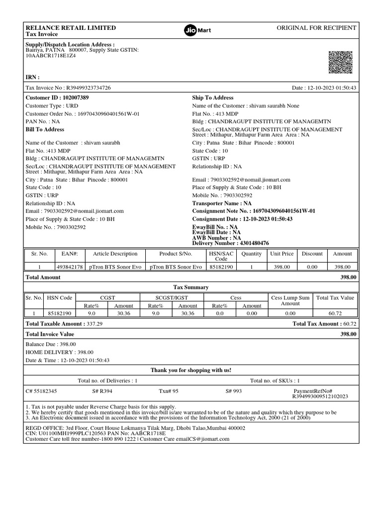 Reliance Retail Limited Tax Invoice: Original For Recipient | PDF ...
