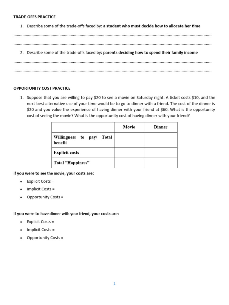 L1S2 Opportunity Cost And Marginal Analysis Exercises PDF