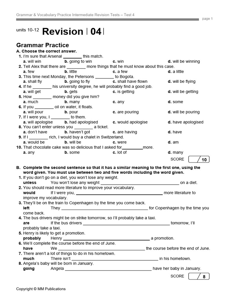 Grammar & Vocabulary Practice - Intermediate B1 - Revision - Tests ...