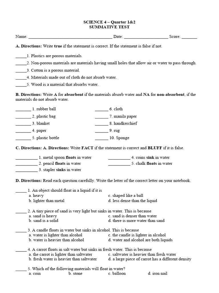 SCIENCE 4 - Summative Test | PDF | Water | Physical Sciences