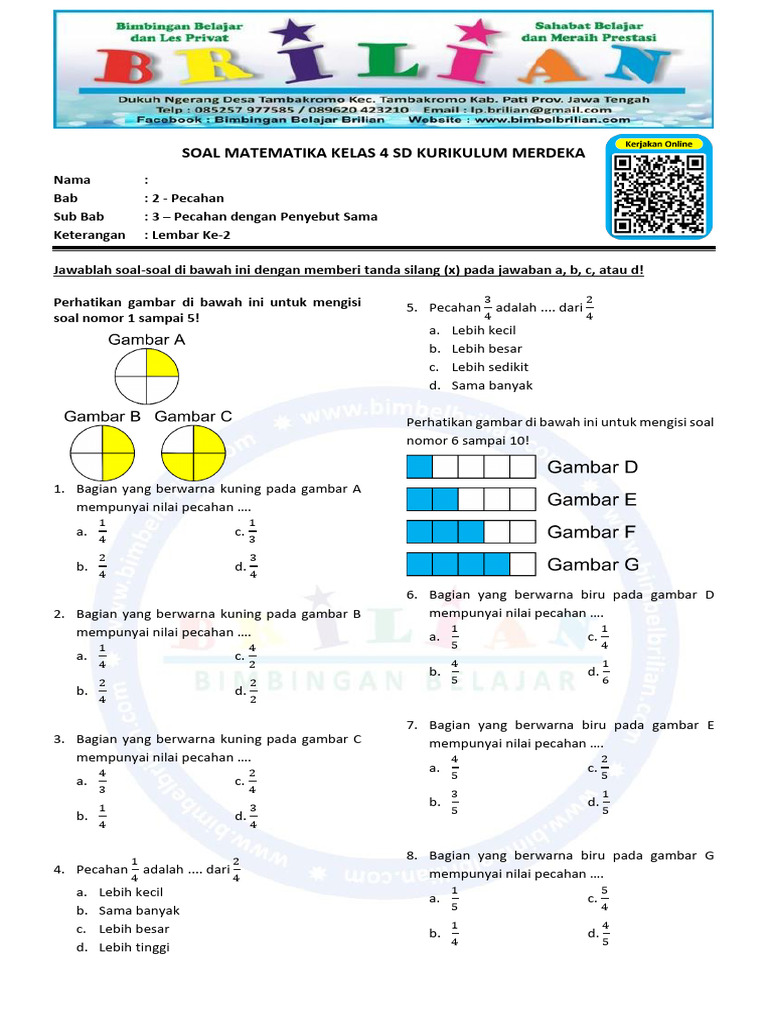 Soal Matematika Kelas 4 SD Bab 2 Pecahan Sub Bab 3 Pecahan dengan Penyebut Sama Lembar Ke-2 | PDF