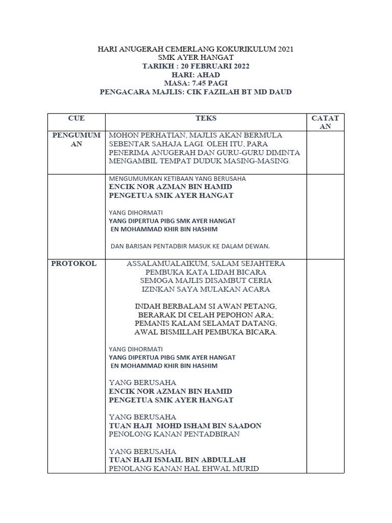 Hari Anugerah Cemerlang Kokurikulum 2021 | PDF