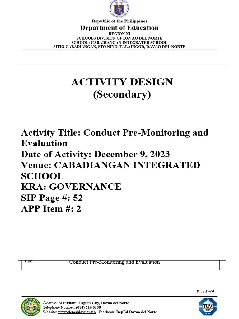 Activity Design Pre Monitoring | PDF