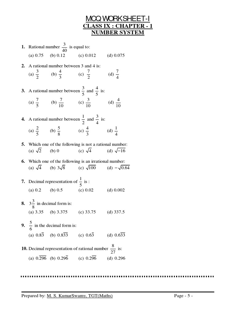01 Number System MCQs | PDF | Numbers | Rational Number