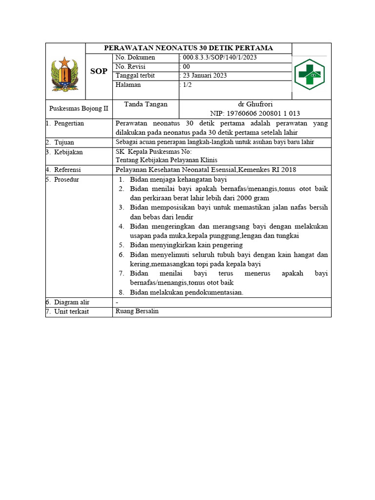 SOP Perawatan Neonatus 30 Detik Pertama | PDF