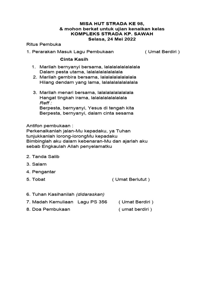 Draf Misa Hut Strada Ke 98 | PDF