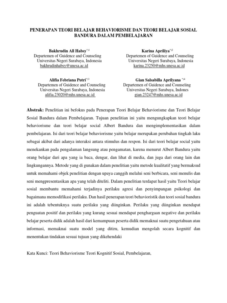 Penerapan Teori Belajar Behaviorisme Dan Teori Belajar Sosial Bandura Dalam Pembelajaran | PDF