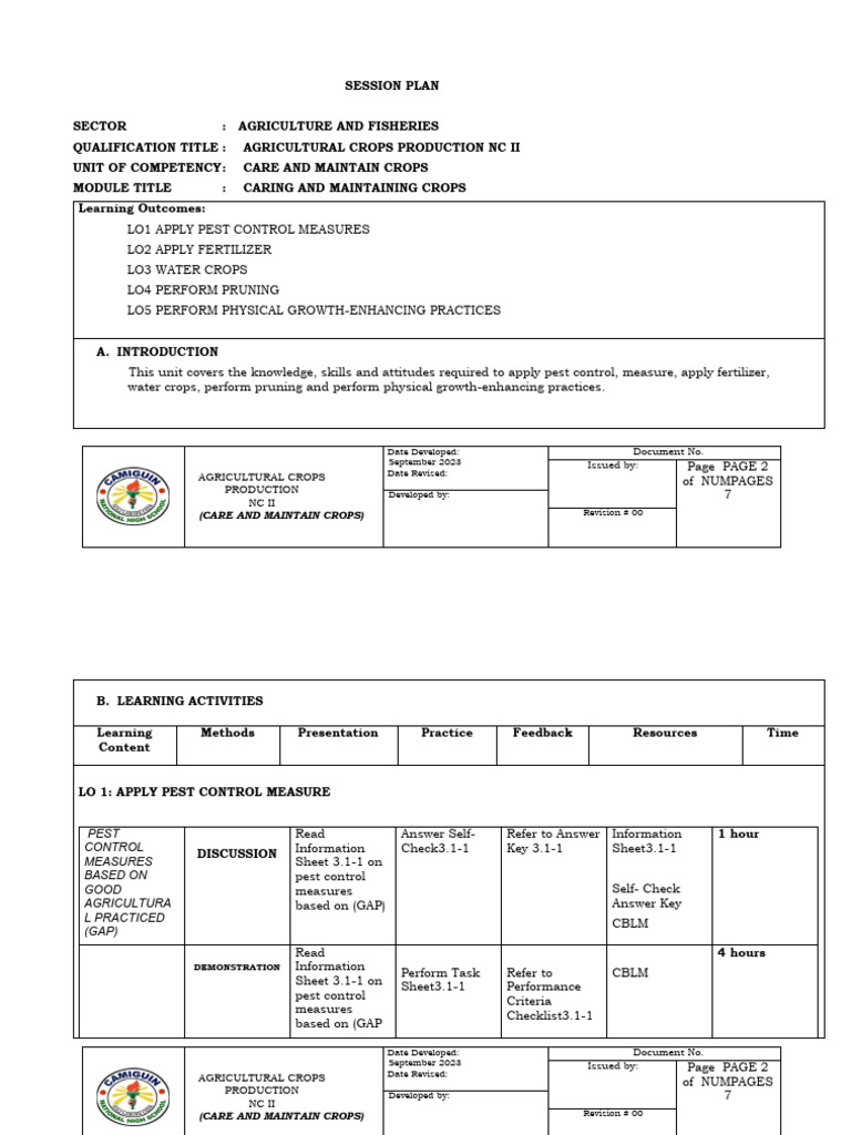 Crop Care and Maintenance Session Plan | PDF | Agriculture | Fertilizer