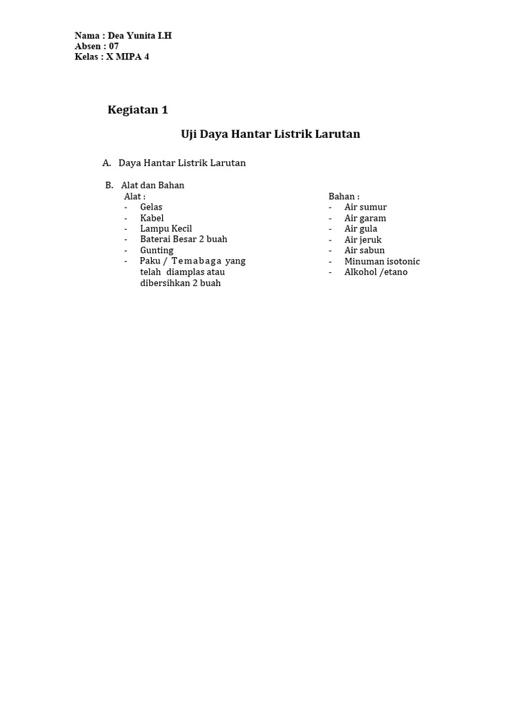 Lkpd 1. Daya Hantar Listrik Larutan - Dea Yunita (07) | PDF