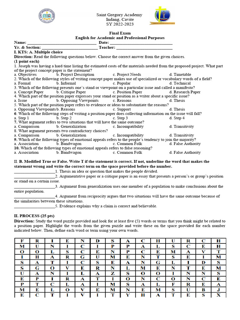 Final Exam: English Academic Purposes | PDF