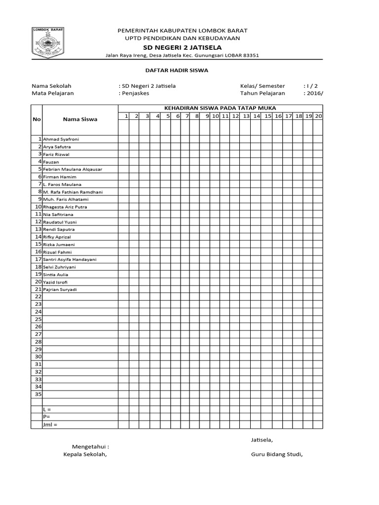 ABSENSI Siswa 2016-2017 | PDF