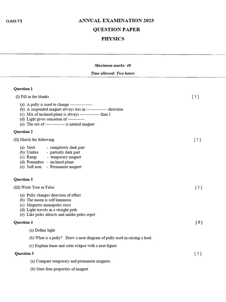 Class VI Physics Exam Paper | PDF