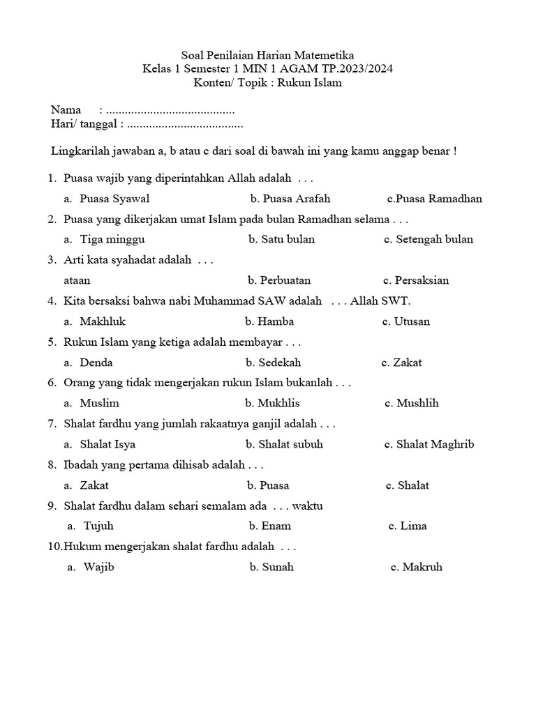 Soal UH Fikih Topik Rukun Islam | PDF | Agama & Spiritualitas