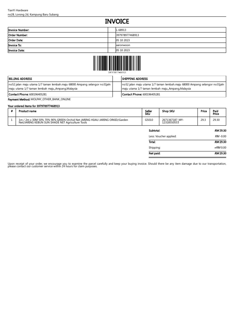 Invoice for Order 397978977468913 | PDF | Invoice | Market (Economics)