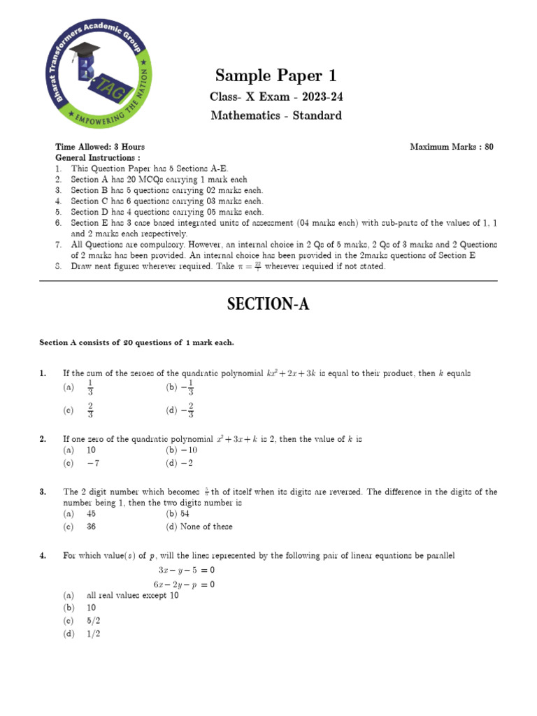 Class 10 Maths Sample Paper 1 (Unsolved) | PDF | Area | Trigonometric ... Class 10 Maths Sample Paper 1 (Unsolved) | PDF | Area | Trigonometric ...