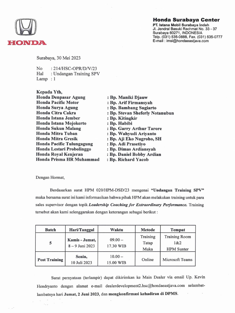 Surat Undangan Training SPV Batch 5 | PDF