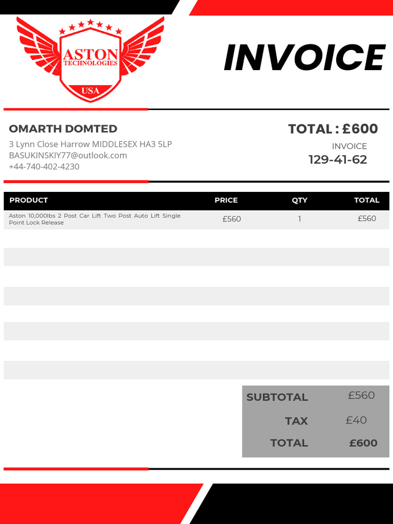 Aston 10,000lbs Car Lift Invoice | PDF