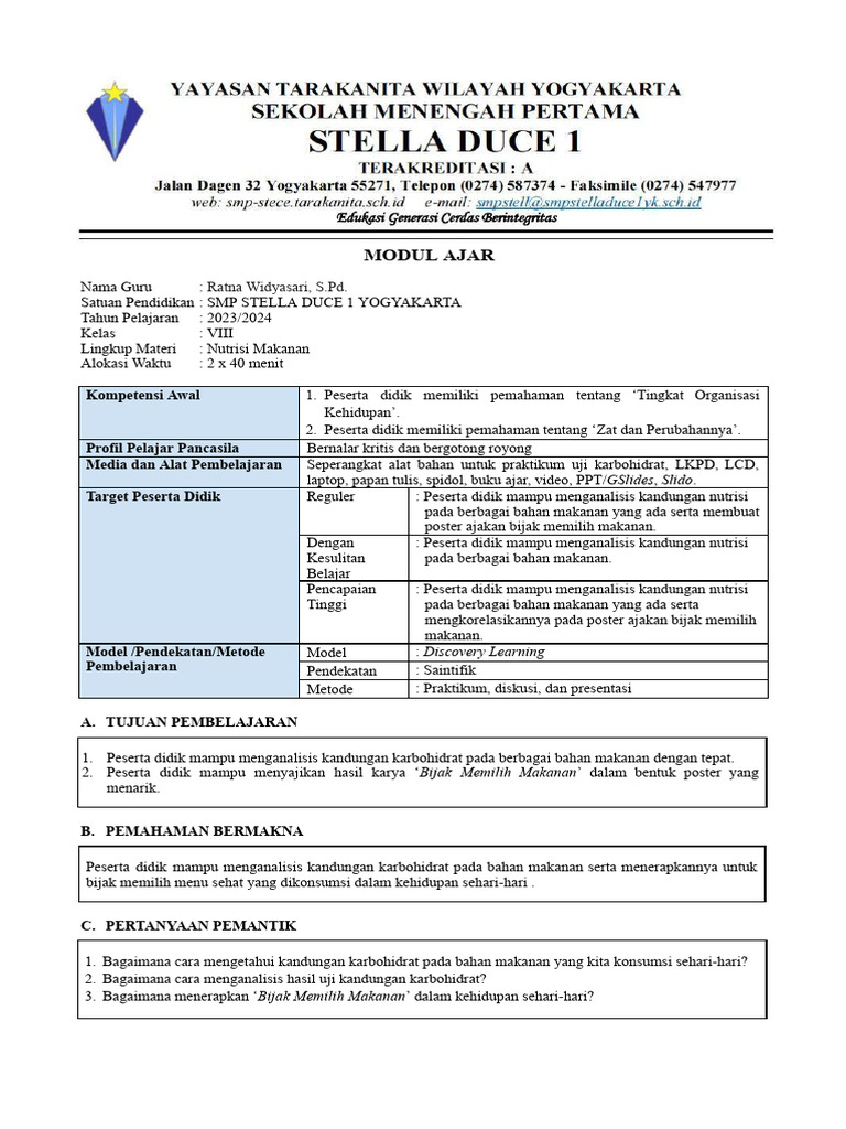 Revisi 2 - Modul Ajar IPA 8 - Ratna Widyasari - SMP Stella Duce 1 Yk | PDF