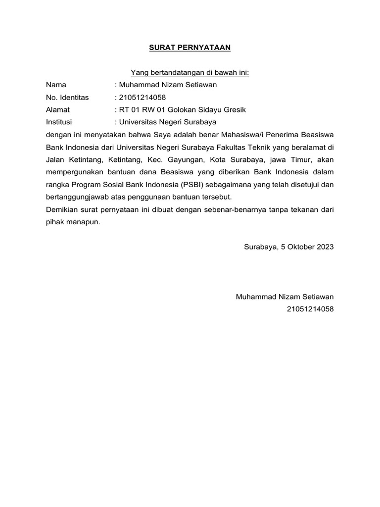 Pernyataan Penerima Beasiswa BI | PDF