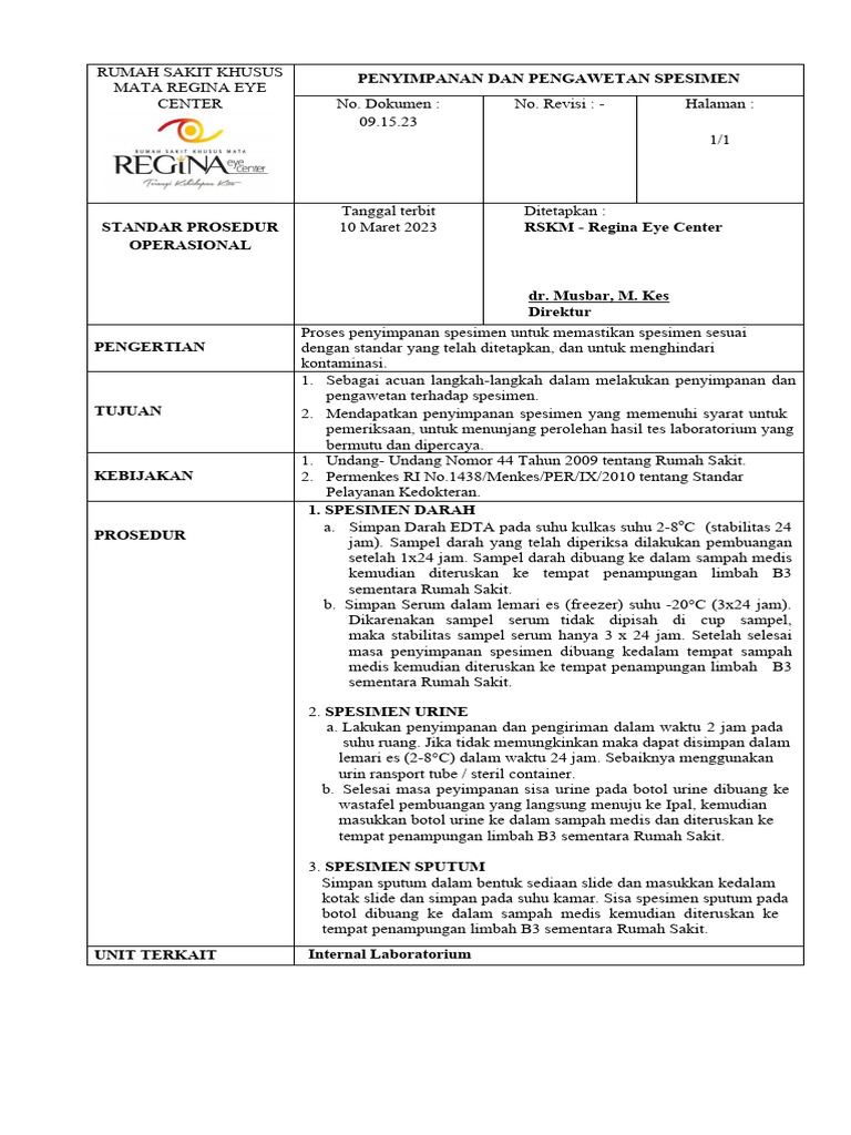 Spo Pemeriksaan Keluar Melalui Satu Pintu Laboratorium RS | PDF
