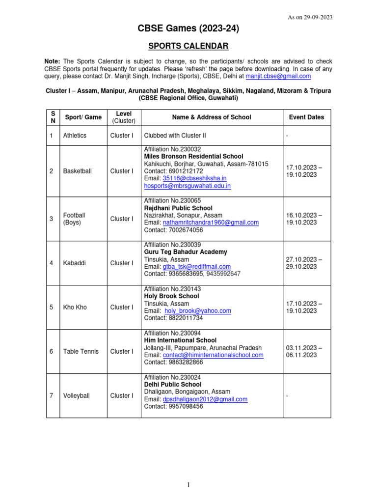 CBSE Sports Calendar 2023 24 | PDF