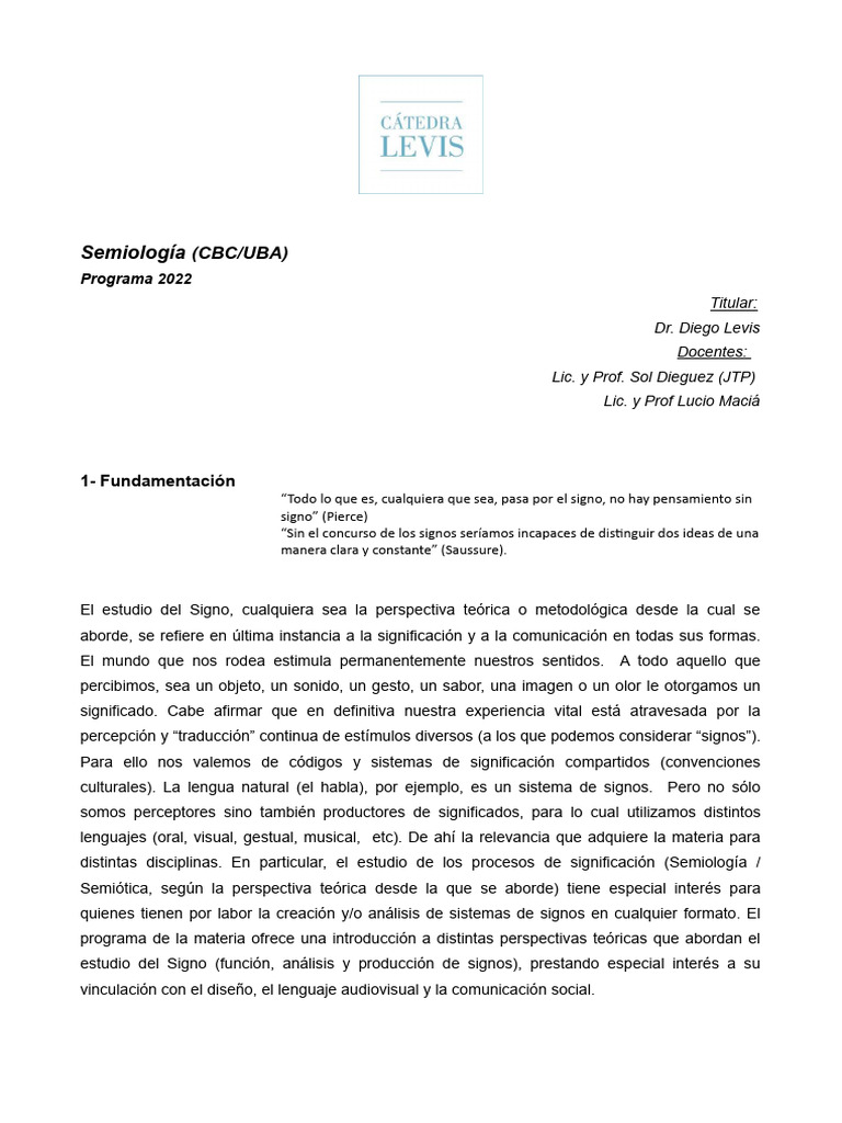 2022 2c Programa Semiologia Cat Levis 1 | PDF | Semiótica | Diseño