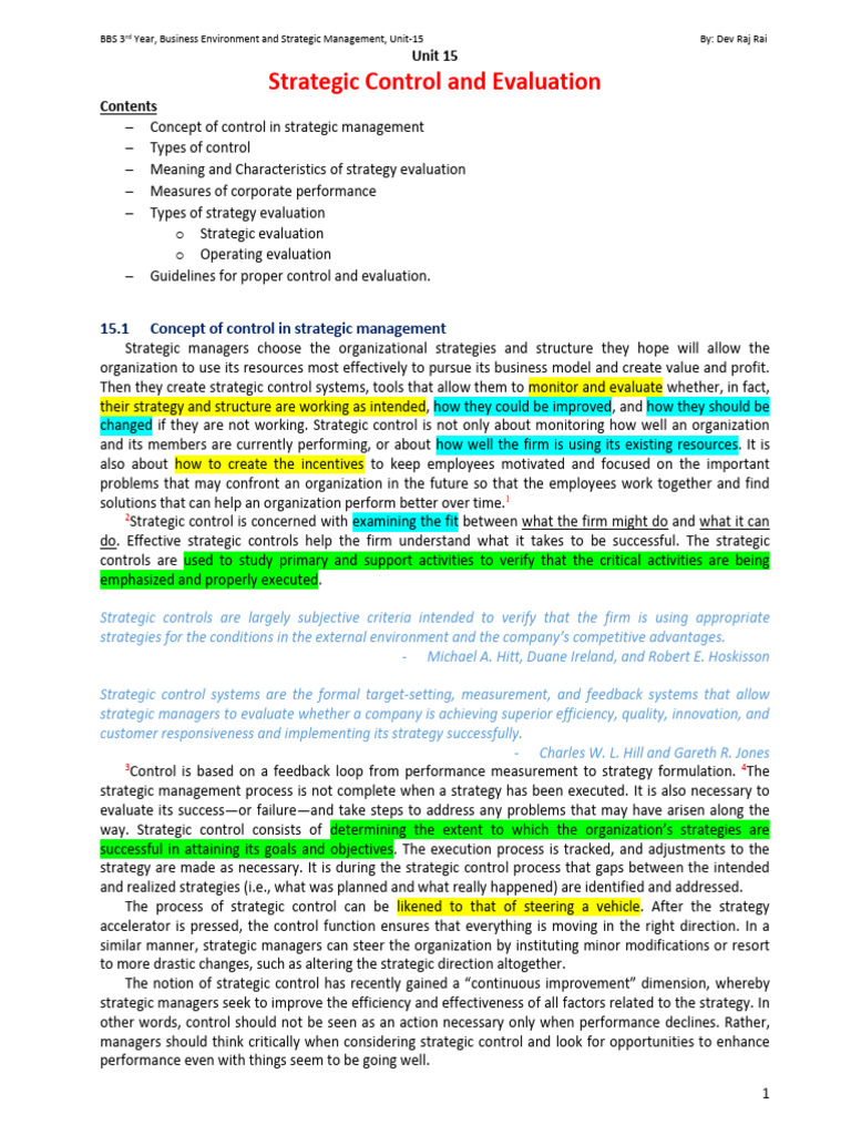 Strategic Control and Evaluation | PDF | Strategic Management | Evaluation