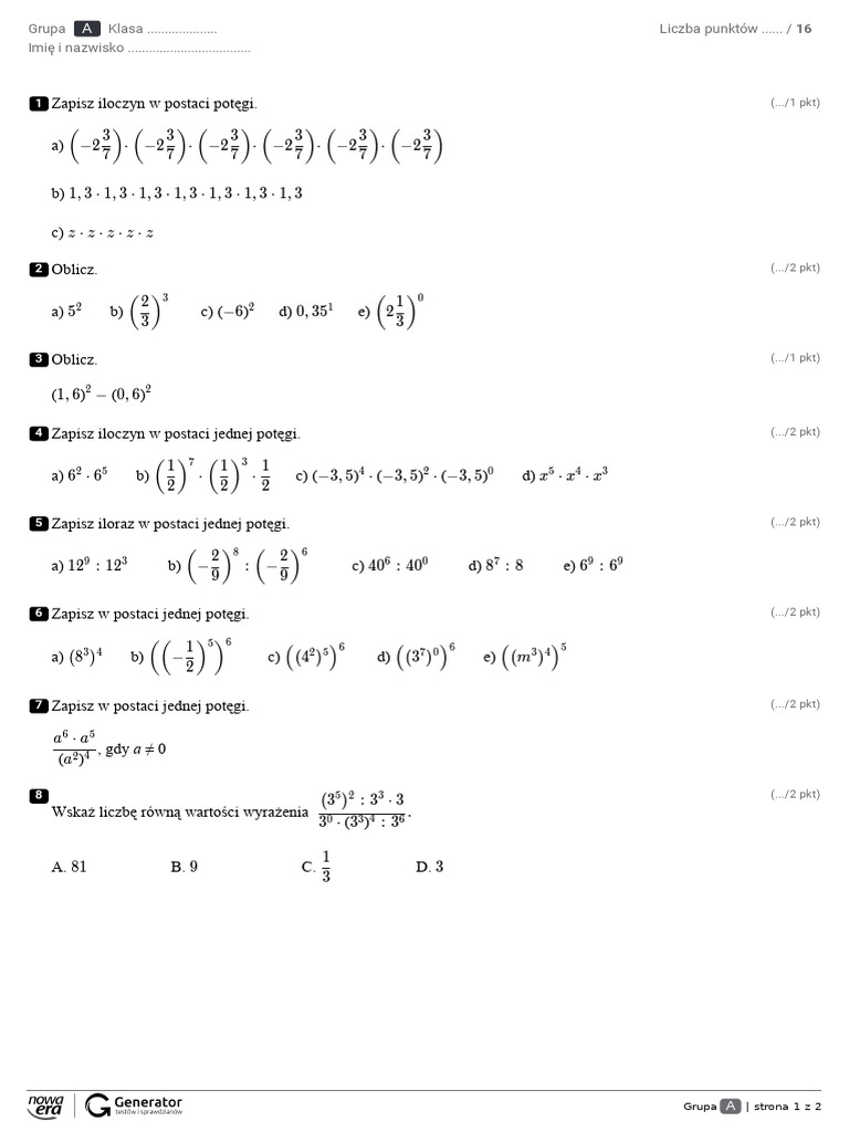 Potęgi - Poprawa, kl.7 | PDF