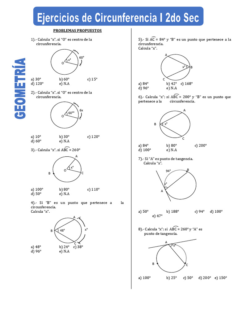 Ejercicios Circunferencia I 2do Sec. | PDF