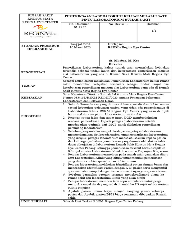 Spo Pemeriksaan Keluar Melalui Satu Pintu Laboratorium RS | PDF