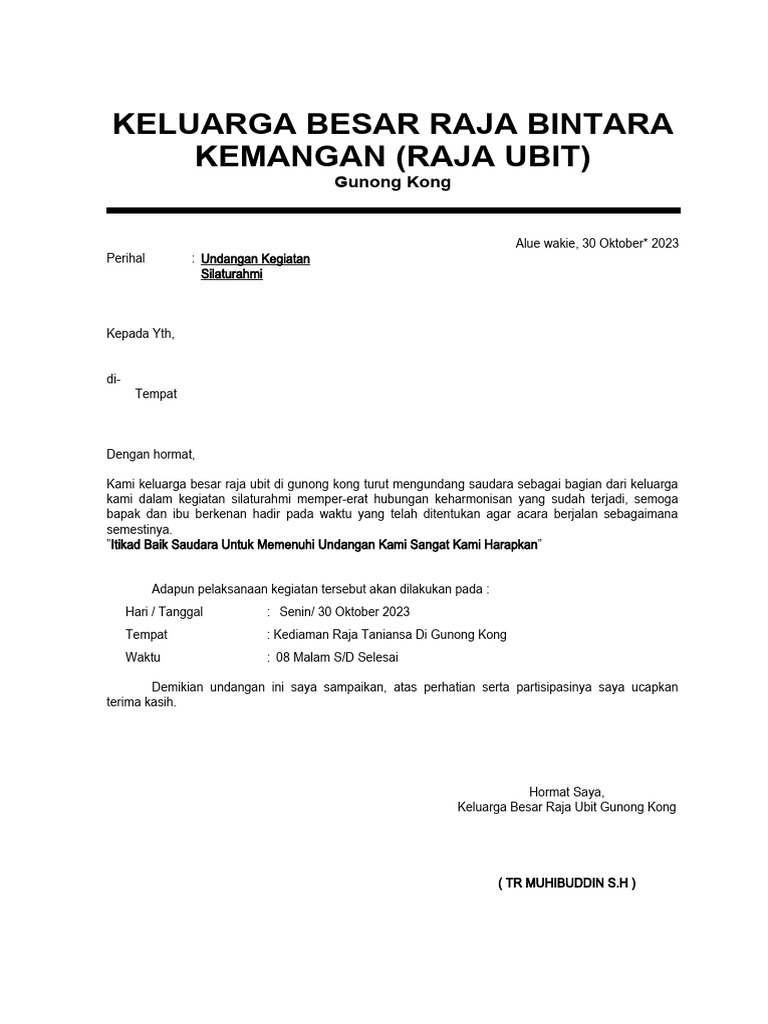 Surat Undangan Resmi Dari Keluarga Besar Raja Bintara Kemangan (Raja ...