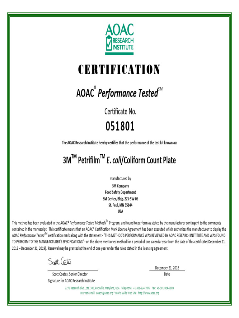 E.coli Validation 3m Aoac | PDF | Escherichia Coli | Foods
